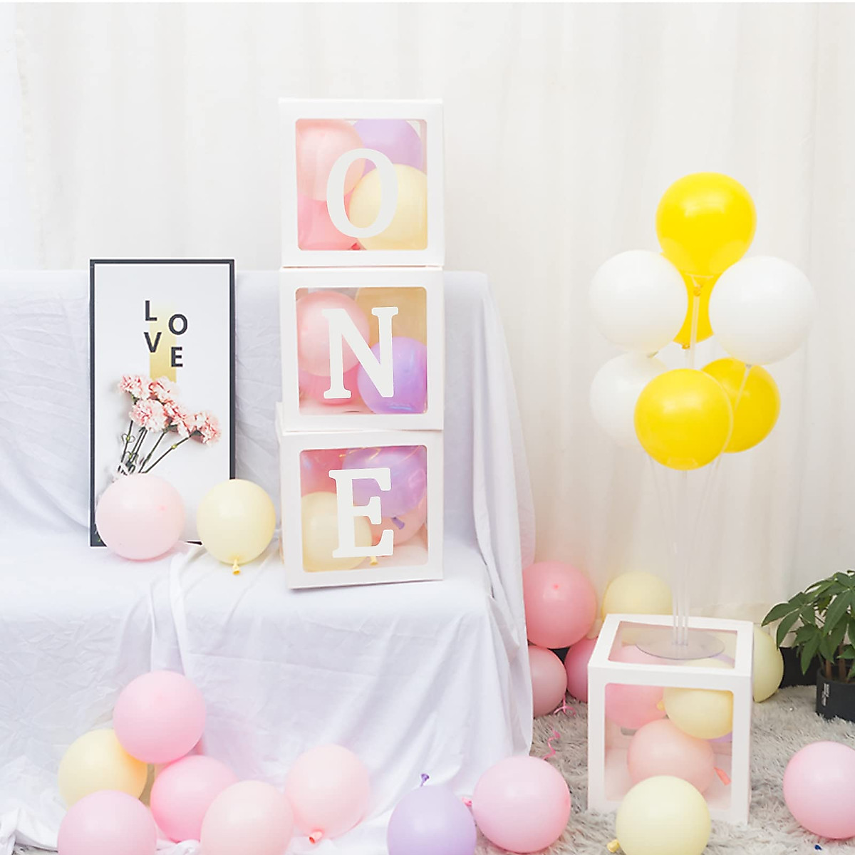 First Birthday Balloons Boxes for Boy or Girl 'ONE' Letters Individual Three White Transparent Square Boxes Baby 1st Birthday Party Decorations Backdrop Photo Shoot Prop