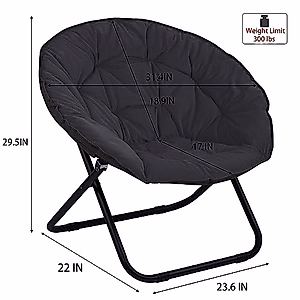Grezone Folding Saucer Chair, Oversized Lazy Moon Chair with Metal Frame, Comfy Bedroom Chairs for Bedroom, Living Room, Study Black JC