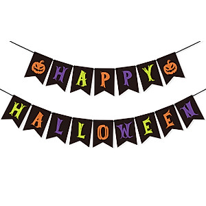 VILIFEVER Happy Halloween Banner with Pumpkin for Halloween Decorations, Paper Flag Bunting Garland Halloween Mantel Fireplace Decor Home Outdoor Haunted House Decorations Supplies