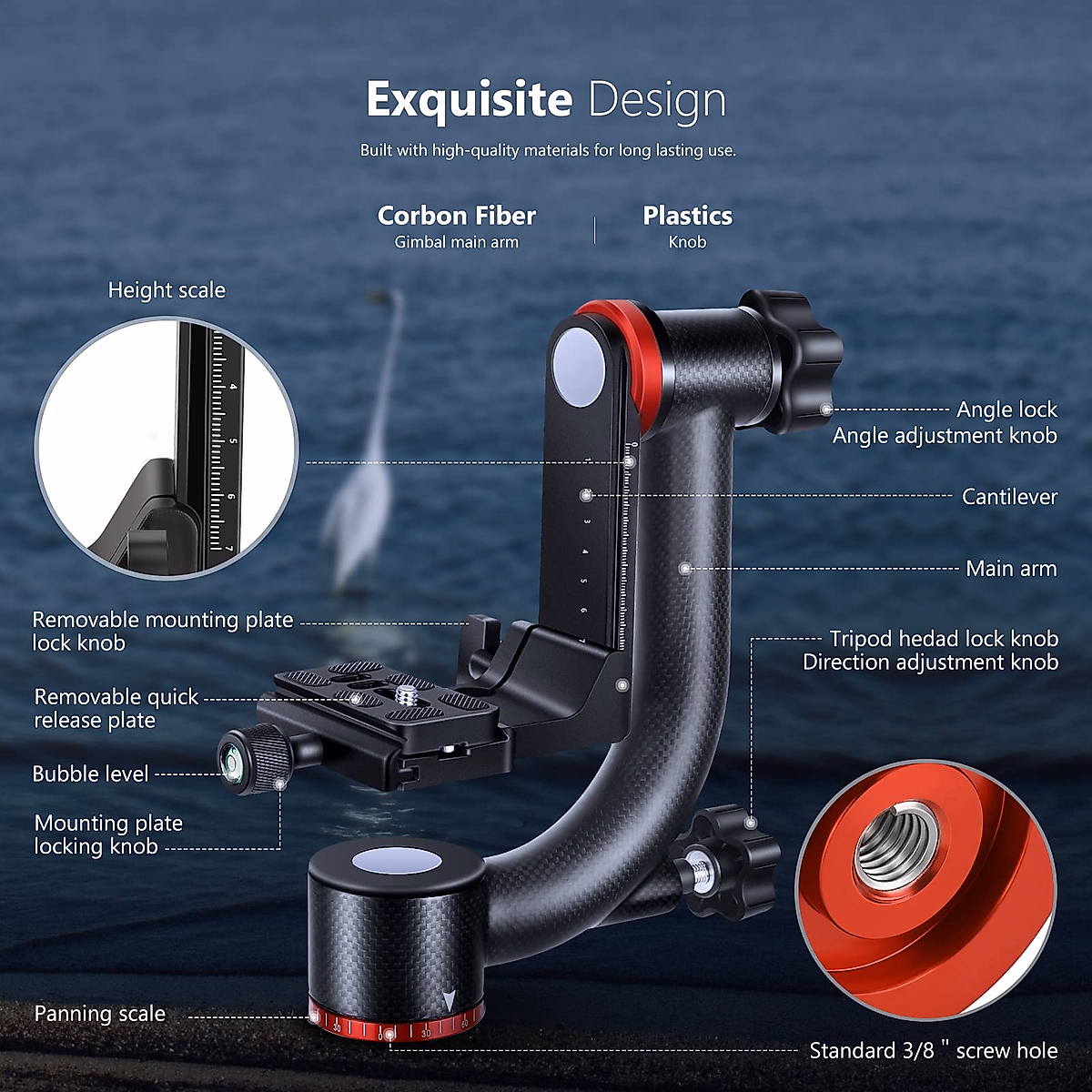 Neewer GM100 Professional Heavy Duty Carbon Fiber Gimbal Tripod Head with 1/4” Quick Release Plate, Bearing Structure Supports Smoother 360 Degree Panoramic Shooting for DSLR Camera Up to 30lbs/13.6kg