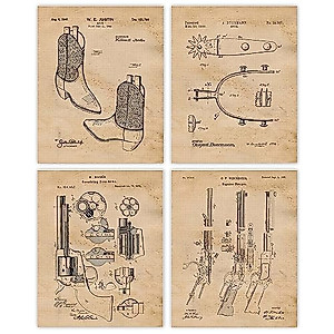 Vintage Westerns Cowboys Tools Patent Prints, 4 (8x10) Unframed Photos, Wall Art Decor Gifts Under 20 for Home Office Man Cave Aggies Shop Student Teacher Farmer Rodeo Life