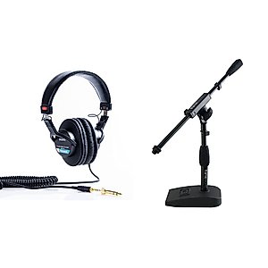 Sony MDR7506 Professional Large Diaphragm Headphone and Gator Frameworks Short Weighted Base Microphone Stand Bundle