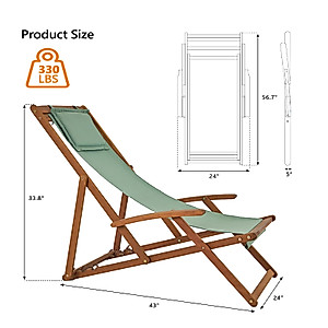 VINGLI Patio Sling Chairs, Outdoor Adjustable Beach Chair with Armrest & Pillowcase, Portable Folding Patio Lounge Chairs Chair for Porch, Poolside, Garden