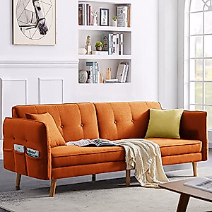 DENOSEN First-Class Cabin Futon Couch Bed with Convertible Back and Armrests, Includes 2 Free Pillows and Supports Up to 600lbs: Modern 3 Seater Sleeper with Wooden Leg Sofabed, 84'', Orange Polyester