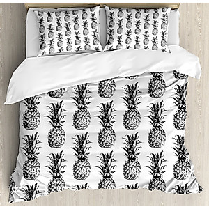 Ambesonne Pineapple Duvet Cover Set, Hand Drawn Tropical Theme Vintage Style Pineapple Fruit Pattern, Decorative 3 Piece Bedding Set with 2 Pillow Shams, King Size, Black Gray