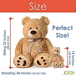 JOON Huge Teddy Bear - 38 Inches, Tan, Fluffy Faux Fur, Ribbon & Bow Signature Footprints- Huggable & Lovable Joy - Ideal Gift for Baby Showers, Loved Ones – Perfect Large Cuddly Plush Toy Companion