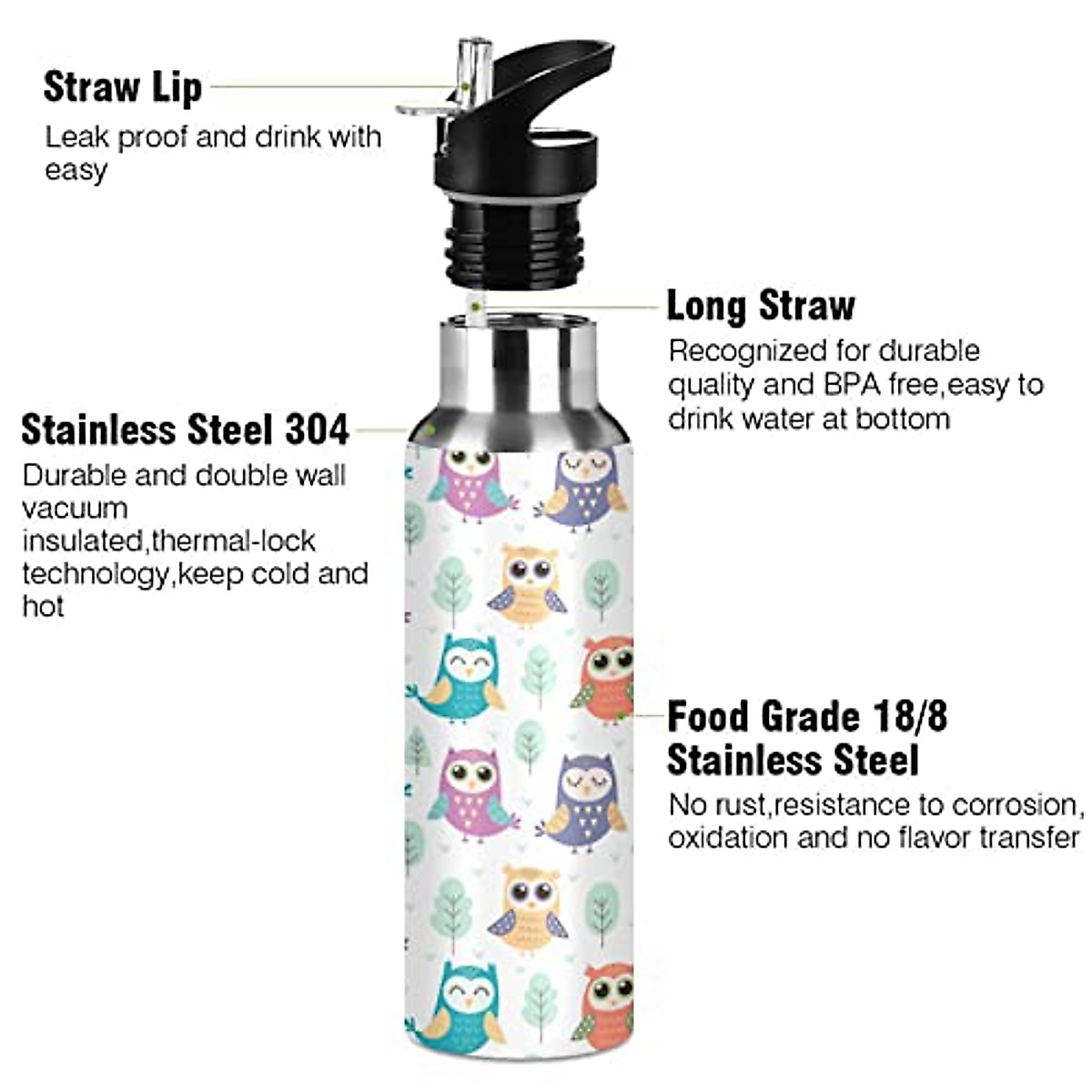 xigua 32oz Double leak Proof layer Insulated Keep Warm,Cute Happy Owls Stainless Steel Water Bottle with Straw for Sports and Travel#3