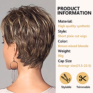 SEVENCOLORS Short Dark Brown Mixed Blonde Pixie Cut Wigs for Women Synthetic Layered Highlight Wigs with Bangs Natural Hair Replacement Wigs