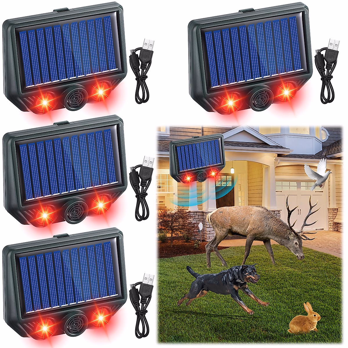 Qualirey 4 Pack Solar Ultrasonic Cat Repellent Outdoor Deer Repellent Devices with Strobe Flashing Light Waterproof Solar Animal Repeller Fox Deterrent for Wolves Dog Garden Yard