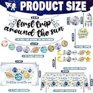 First Trip Around The Sun Birthday Party Decoration Pack, 1st Baby Shower Space Birthday Party Supplies Including Banner, Backdrop, Garland, Tablecloth, Felt Hat, Honeycomb, Cake Toppers, Latex and