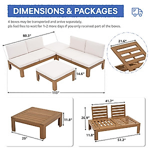 SUNSITT 4 Piece Acacia Wood Patio Furniture Outdoor Sectional Sofa Set with Adjustable Armrest, FSC Certified L-Shaped Patio Set w/2-in-1 Coffee Table, Cream White Cushions for Garden