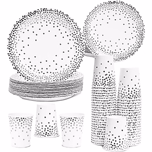Juvale Serves 50 Silver Party Supplies - 150 Piece Disposable Paper Dinner Plates, Dessert Plates and Cups for Wedding, Birthday Party Table Decorations