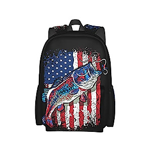 Vintage American Fish American Flag School Laptop Backpacks For Women Men Computer Book Bag Travel Hiking Camping Daypack Aesthetic Backpack 4th of july, Black4, One Size