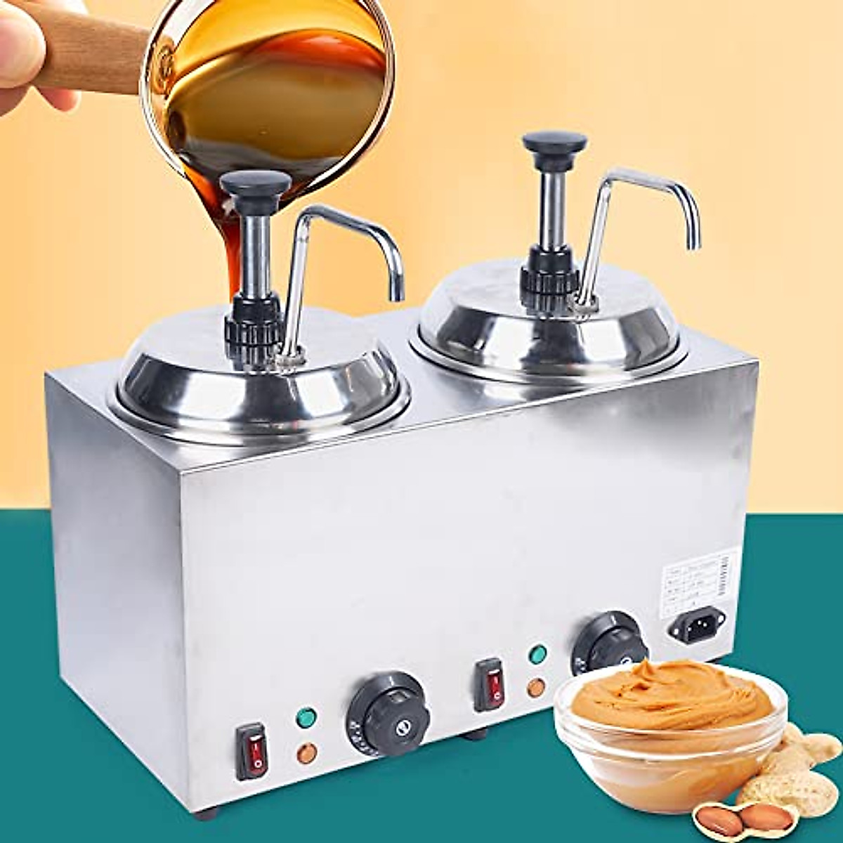 Cheese Warmer with Pump, Electric Nacho Cheese Dispenser with 2 * 2L Insert Pots, Stainless Steel Hot Cheese Dispenser for Salad Jam Seasoning Sauce