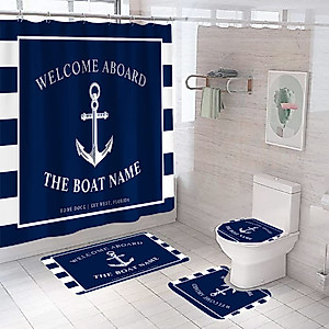 4Pcs Navy Blue Anchor Shower Curtain Set with Non-Slip Rugs and Toilet Lid Cover Navy Strip Nautical Theme Fabric Shower Curtain Bathroom Decor with Hooks Waterproof Washable 72" x 72''