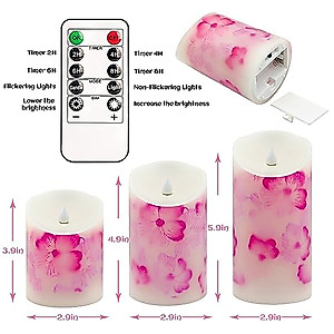 VEEKI Flameless Candles Lights, Set of 3 Cherry Blossoms Romantic LED Candles with Remote & Timer, Flickering LED Pillar Candles Battery Operated, Dimmable Electric Candles Gift for Mom Woman (Pink)