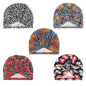 DRESHOW 5 Pack Knotted Headwraps for Women African Turban Pre-Knotted Beanie Headwraps Hair Covers