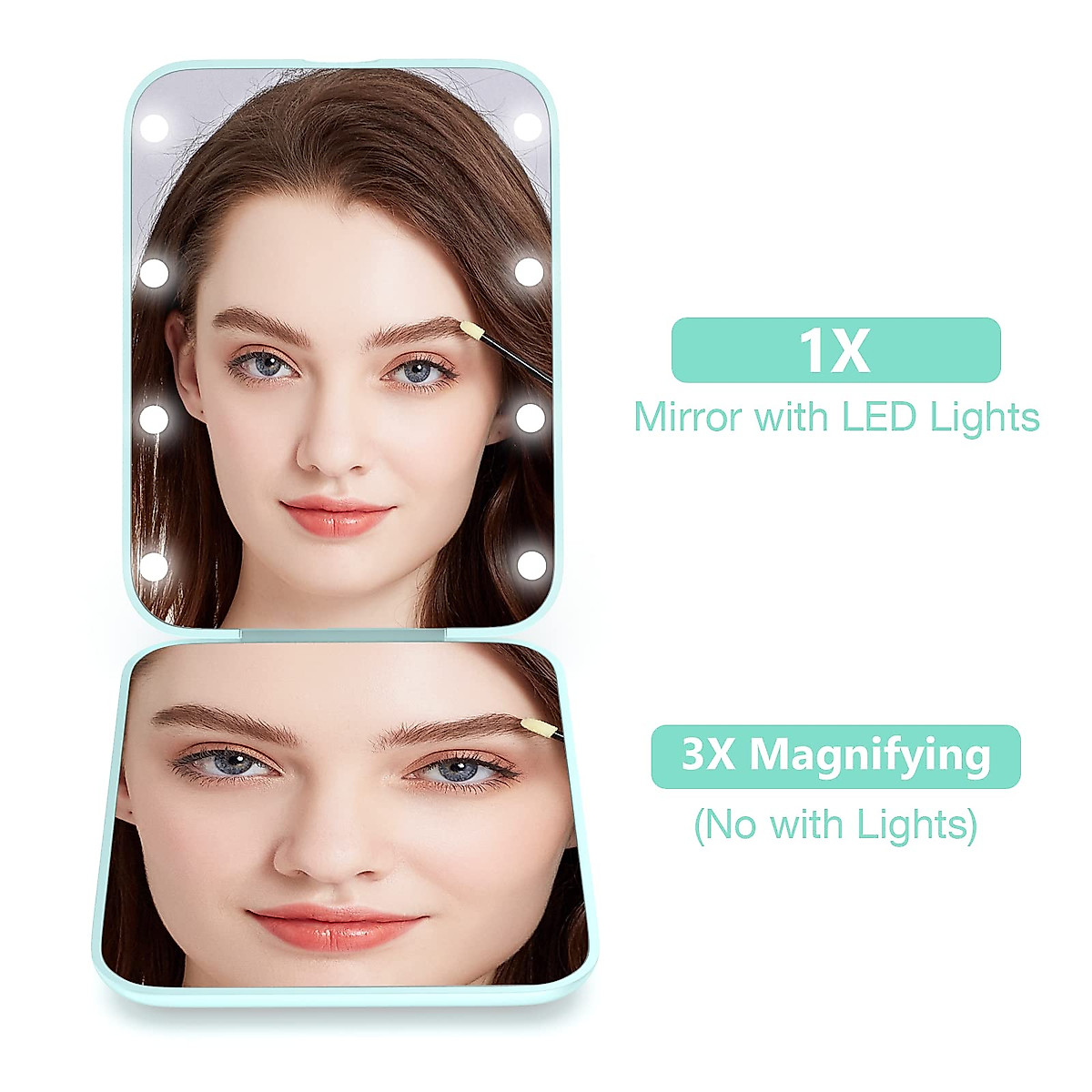 wobsion Compact Mirror, Magnifying Mirror with Light, 1x/3x Handheld 2-Sided Magnetic Switch Fold Mirror,Small Travel Makeup Mirror,Pocket Mirror for Handbag,Purse,Gifts for Girls(Cyan)