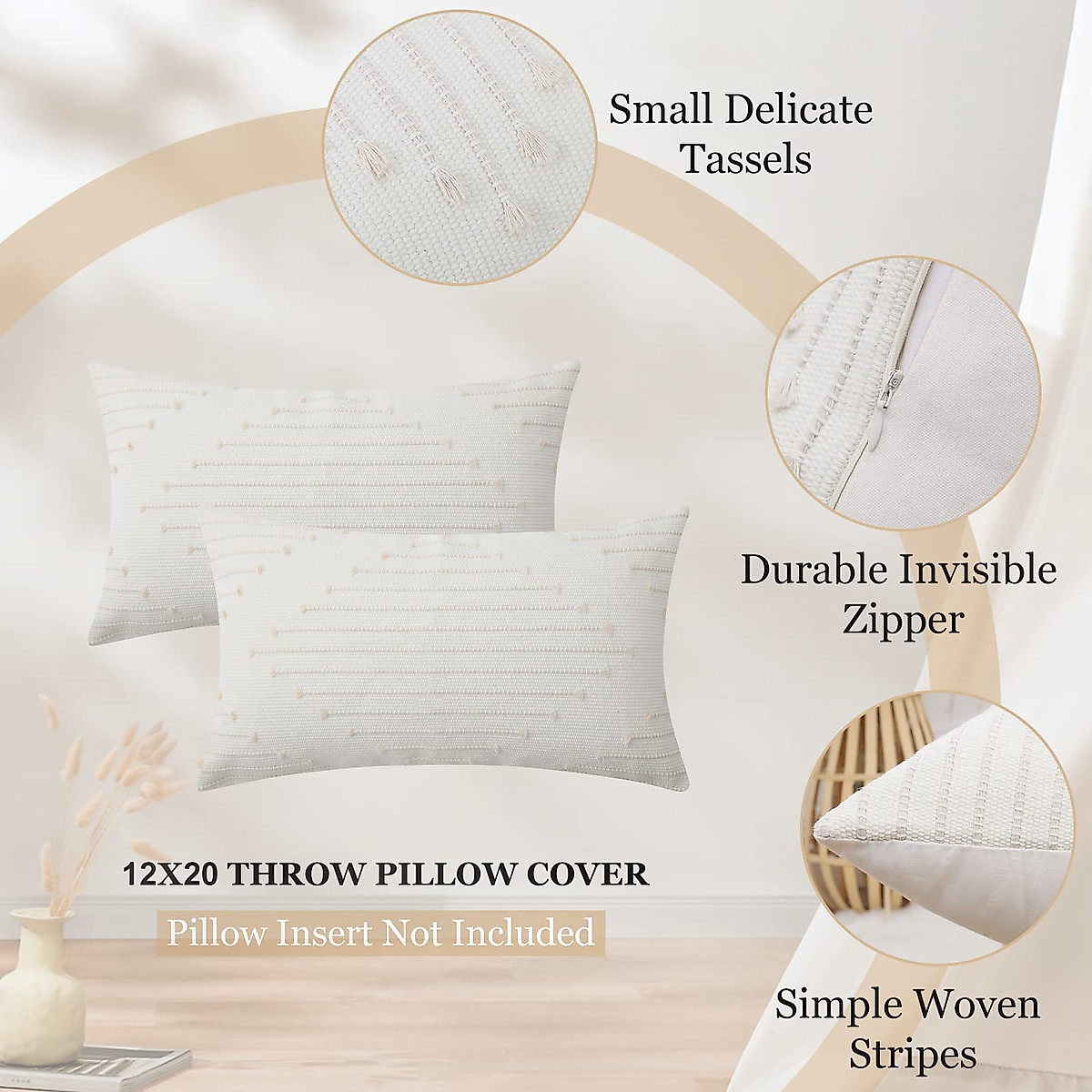 Mecatny Boho Throw Pillow Covers Beige and Cream White Pillow Covers 12X20 Set of 2 Farmhouse Lumbar Pillow Covers for Couch Sofa Living Room