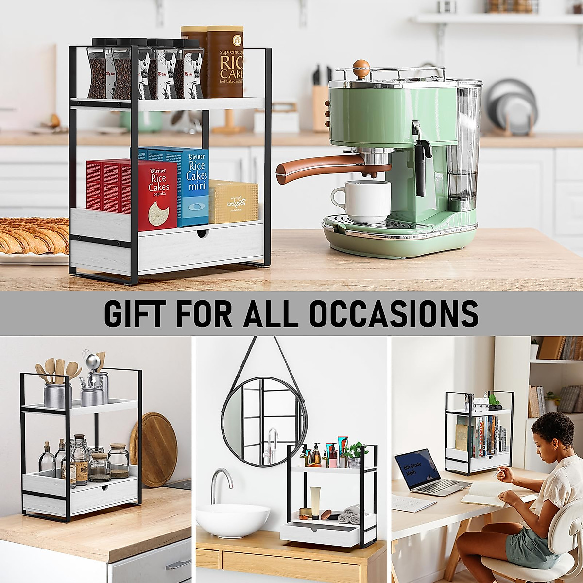 AnnBay Bathroom Counter Organizer,2 Tier Bathroom Organizer Countertop,Bathroom Counter Organizer with Drawers,Wooden Bathroom Organizer with Metal Frame,Perfect for Bathroom,Makeup,Kitchen Storage