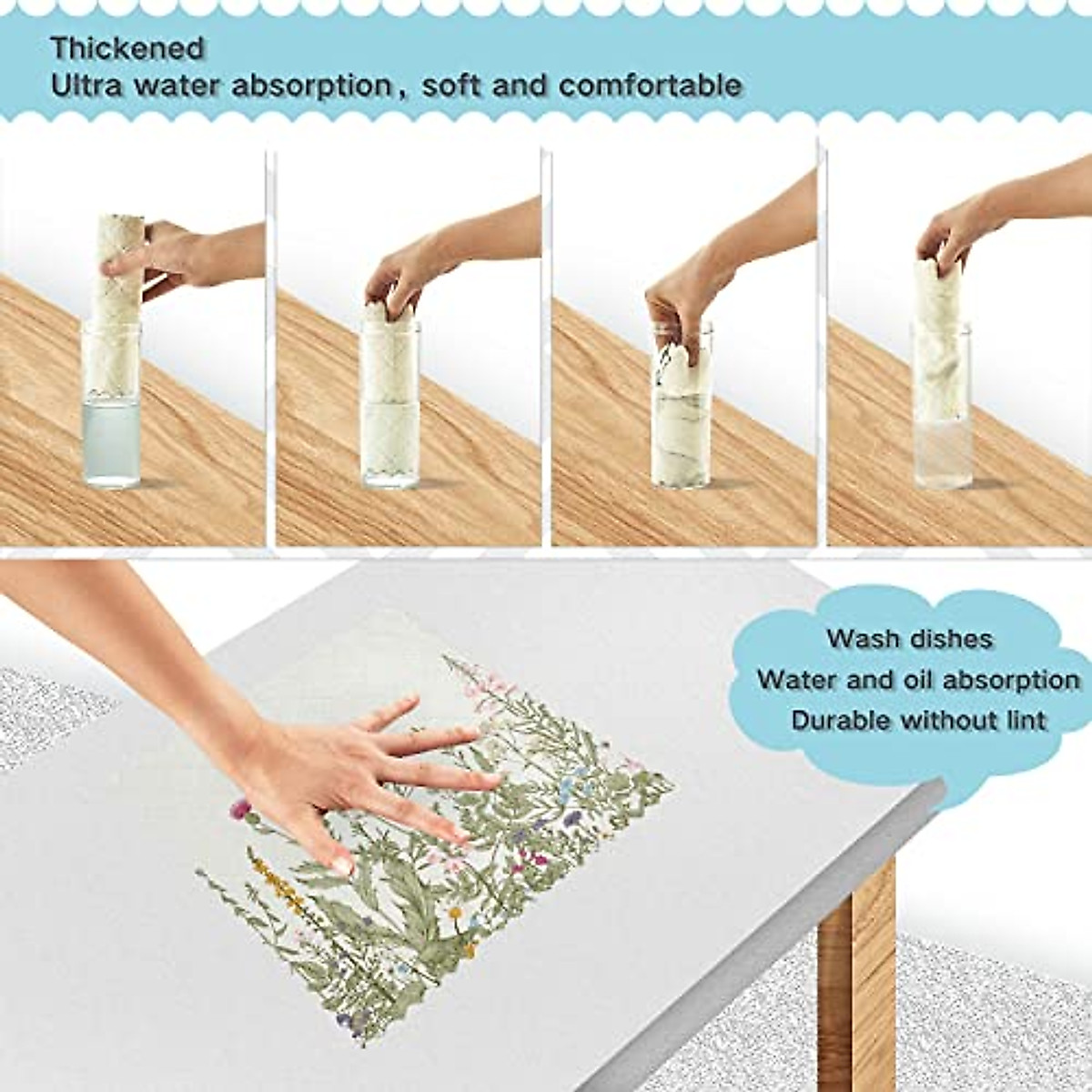 Seamless Floral Herbs and Wildflowers Botanical Pattern Pack of 6 Pcs Kitchen Dish Towels, Absorbent Soft Dishcloths for Bar cafe Car Table Chair Window Washable Towels 11 x 11 inches