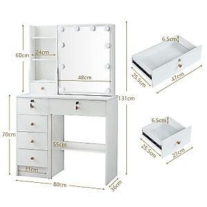 Vanity Set Dressing Table with Lighted Mirror, Modern Storage Makeup Table with 5 Drawers and Stool,White (H1905)