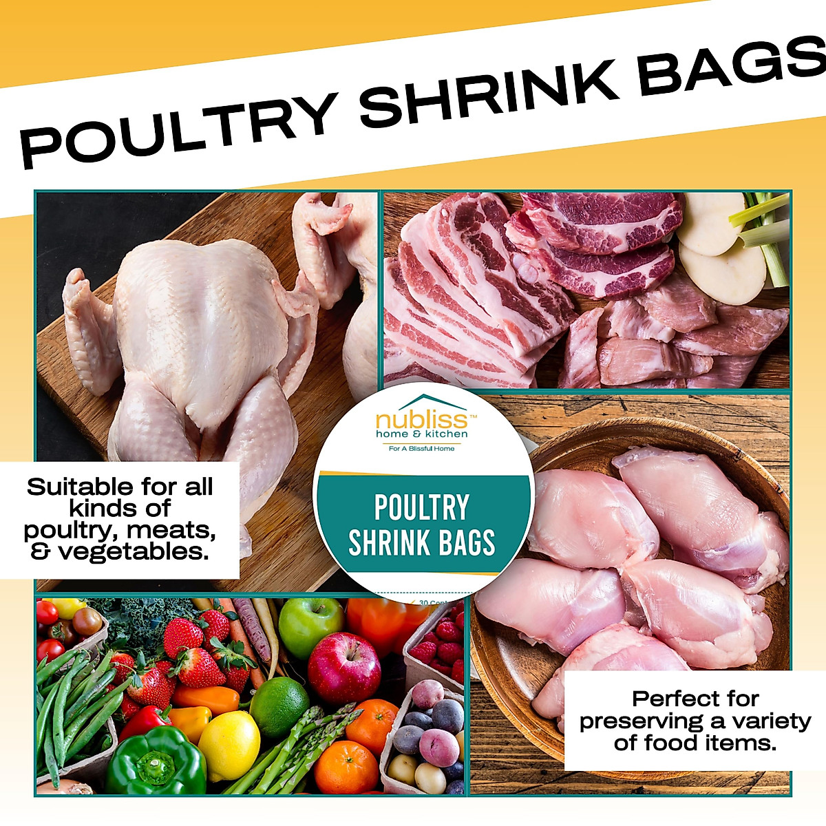 NuBliss Poultry Shrink Wrap Bags,13x18 Inches Poultry Heat Shrink Bags Freezer, Includes Zip Ties, Labels, and 2 Insert Straws, Thick Clear Shrink Wrap for Chicken, Meats, and Vegetables (30)