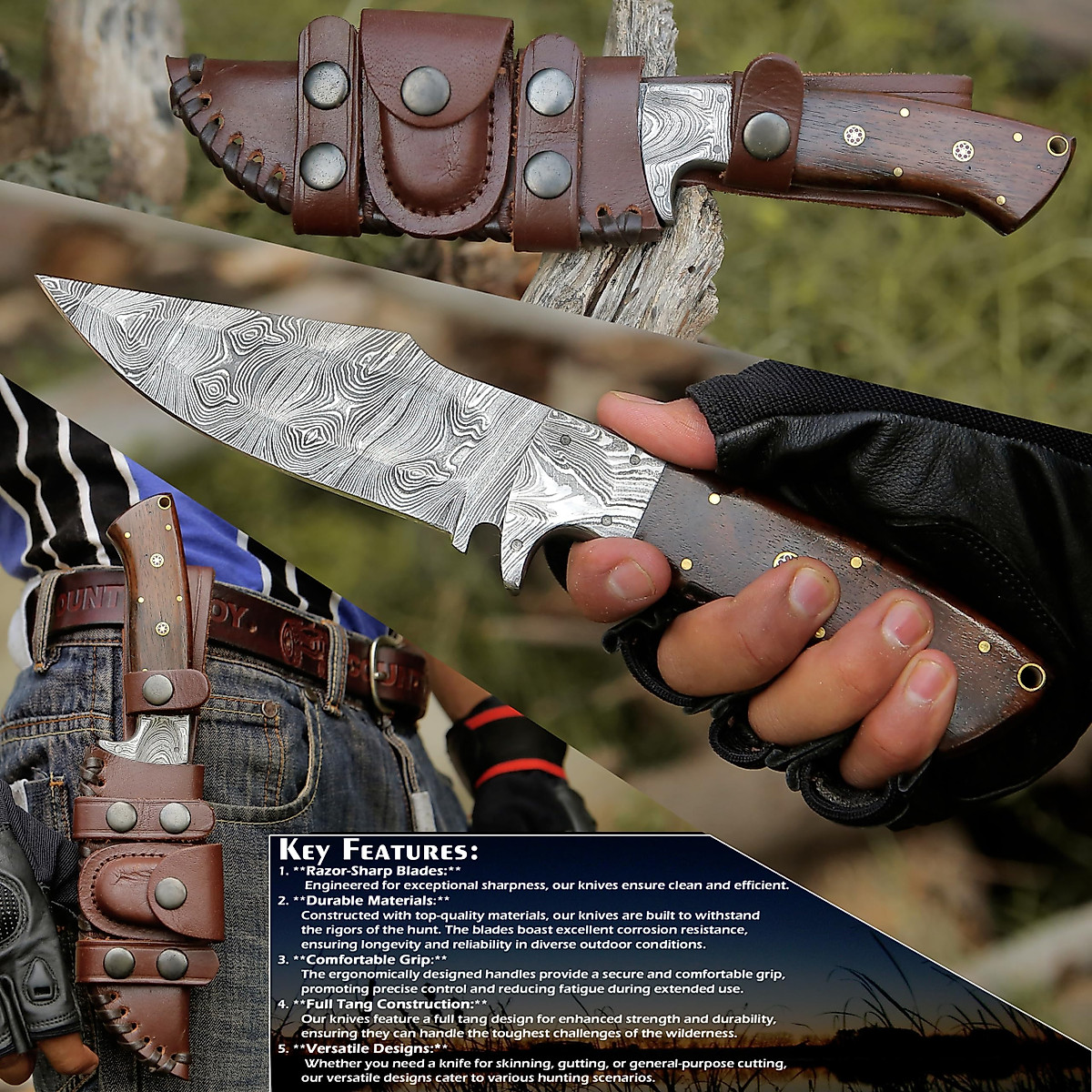 Damascus Steel Hunting Knife Fixed blade knife Damascus Bolster Walnut Wood Handle Mosaic Pin, Bush craft, Outdoor Camping, with Cowhide Leather Sheath – BW-4144