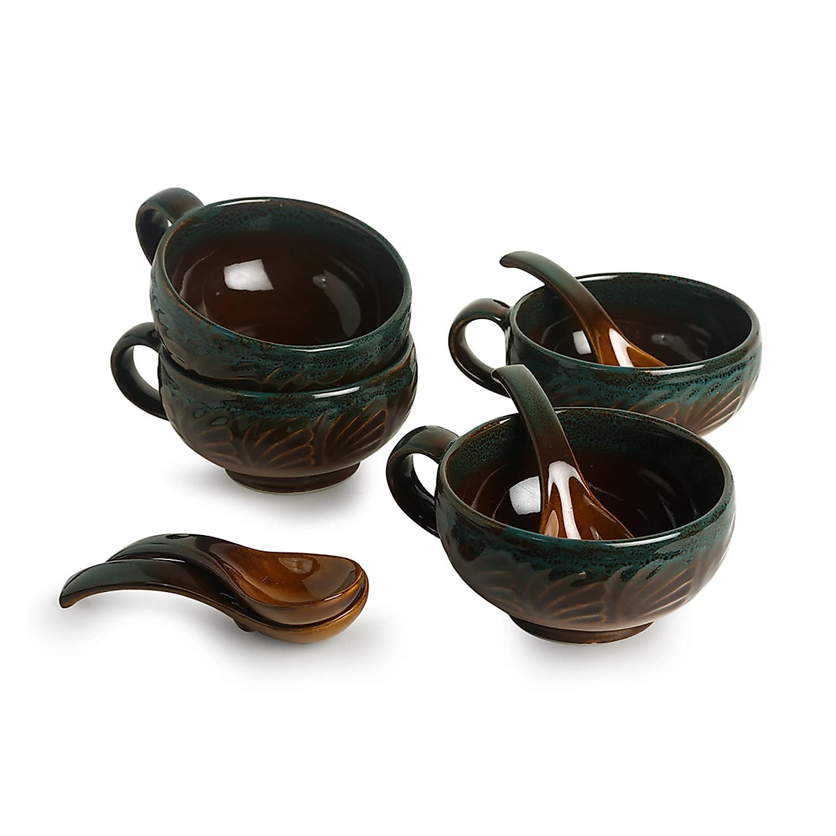 ExclusiveLane 'Amber & Teal' Soup Cups with Spoons & Handle | Set of 4, 300ml | Handpainted Ceramic Bowl for Kitchen | For Cereal Soup Rice Salad Oatmeal | Dishwasher & Microwave Safe | Ideal Gift