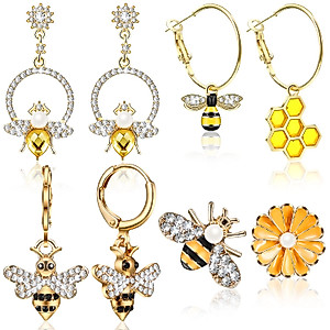 4 Pairs Bee Earrings Bee Stud Bee Drop Earrings Honeycomb Earrings Bee Rhinestone Earrings Gift for Women