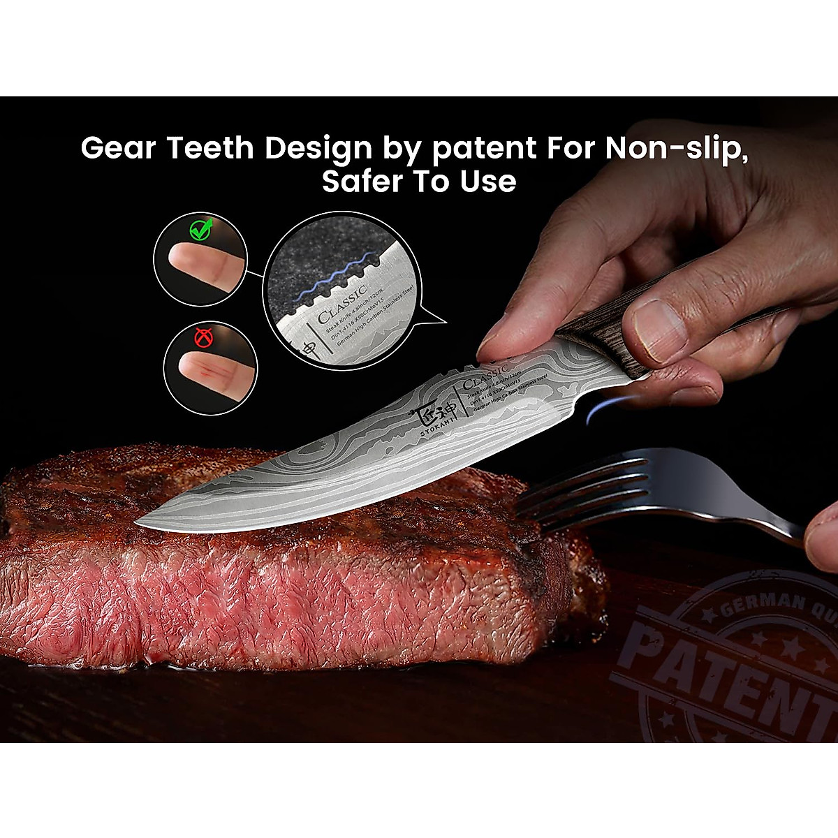 SYOKAMI Steak Knives Set Of 8, 4.8 Inch High-Carbon Japanese Stainless Steel Non-serrated Steak Knife With Wood Handle, Damascus Pattern Full Tang Design, Razor-Sharp Dinner Knives With Gift Box