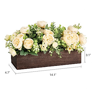 Dahey Centerpiece Table Decorations for Dining Room Farmhouse Living Room Table Centerpieces Decor Wood Tray with 3 Artificial Flowers and 2 Eucalyptus for Kitchen Table, 14.1" x 4.7" x 3.1"