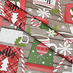 Newbridge Jolly Holiday Candy Cane Print Flannel Back Vinyl Christmas Tablecloth - Happy Holidays Grey, Red and Green Xmas Wipe Clean Easy Care Tablecloth, 60” x 120” Oblong/Rectangle