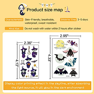 Halloween Temporary Tattoo for Kids 190+Pcs, Glow In The Dark Waterproof Spider Bat Witch Pumpkin Ghost Skull Fake Tattoos - 20 Sheets (Pattern A)