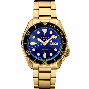 SEIKO SRPK20 Automatic Watch for Men - 5 Sports Collection - Men's Sport Watch with Stainless Steel Gold Finish, Blue Dial - Water-Resistant 100M