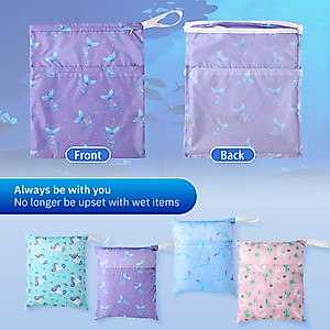 Frienda 4 Pieces Wet Dry Bag for Baby Waterproof Reusable Washable Diaper Bag Sealed with Handle for Travel, Beach, Swimsuit, Diapers, Dirty Gym Clothes and Toiletries (Mermaid)