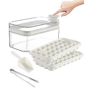 Ice Cube Trays with LId and Bin, Easy Release Ice Trays for Freezer, 2 Pack Ice Cube Molds, 64 Pcs Ice Cube Tray, Large Capacity Ice Tray Holder, Includes Ice Tong, Ice Spoon, for Whiskey, Cocktail.