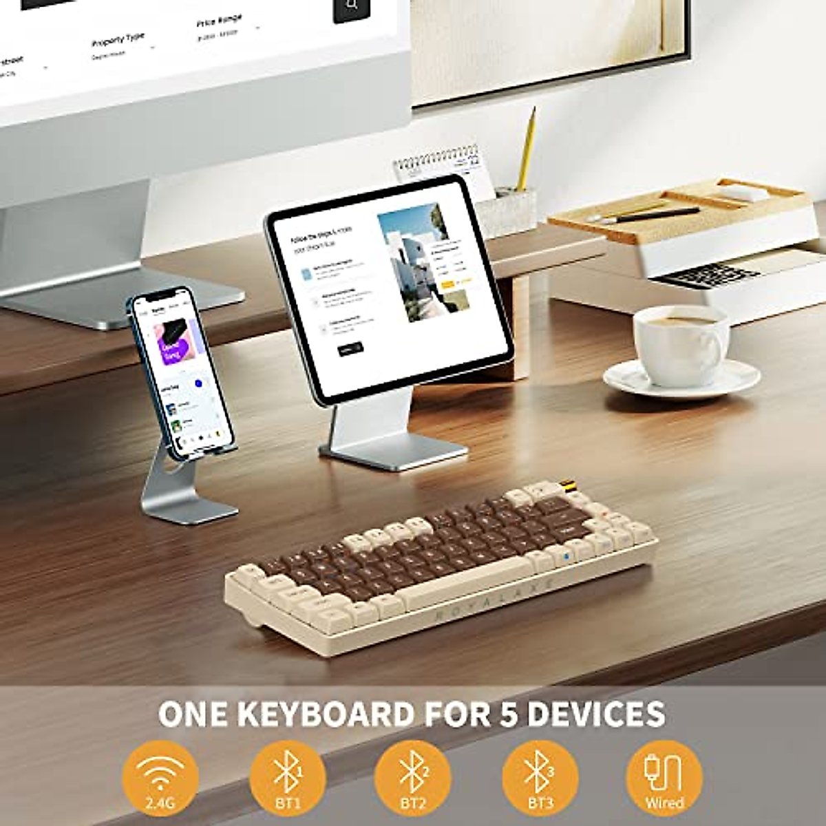 ROYALAXE R68 TKL Mechanical Keyboard, Upgraded TTC Gold Pink Switches, Hot Swappable Wired/Bluetooth 5.0/2.4G Wireless Keyboard with RGB Light for Windows & Mac, PBT Keycaps, Lava Brown