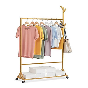 MoNiBloom Bamboo Clothing Garment Rack with Wheels and Bottom Shelf 2-in-1 Freestanding Clothes Organizer with 6 Side Hooks for Hanging Clothes Hats, Natural