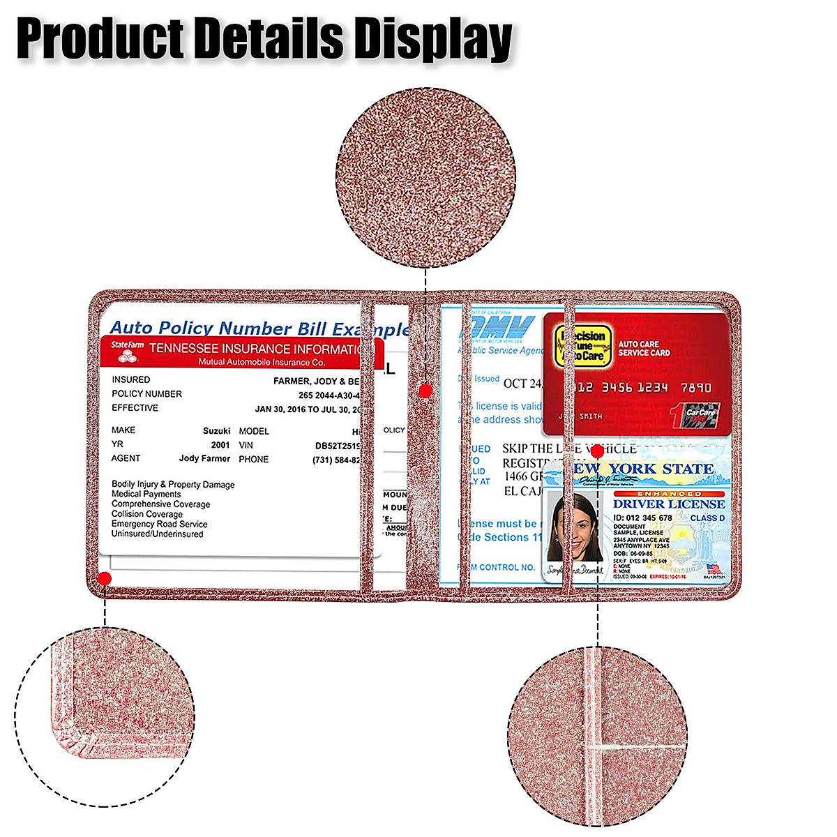 Car Registration and Insurance Holder, Premium PU Leather License Registration Holder for Driver License, Car Document Holder for Driver License, Cards & Essential Documents (Rose Gold)