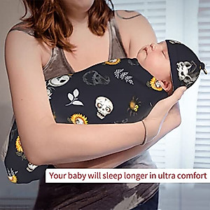AuHomea Halloween Pattern in Black Skulls Newborn Swaddle Blanket Soft Unisex Infant Swaddle Wrap Blanket Baby Receiving Blanket with Beanie Hat for Boy and Girl
