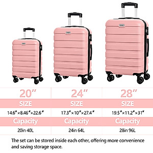 AnyZip Luggage Sets 3 Piece PC ABS Hardside Lightweight Suitcase with 4 Universal Wheels TSA Lock Carry On 20 24 28 Inch Pink
