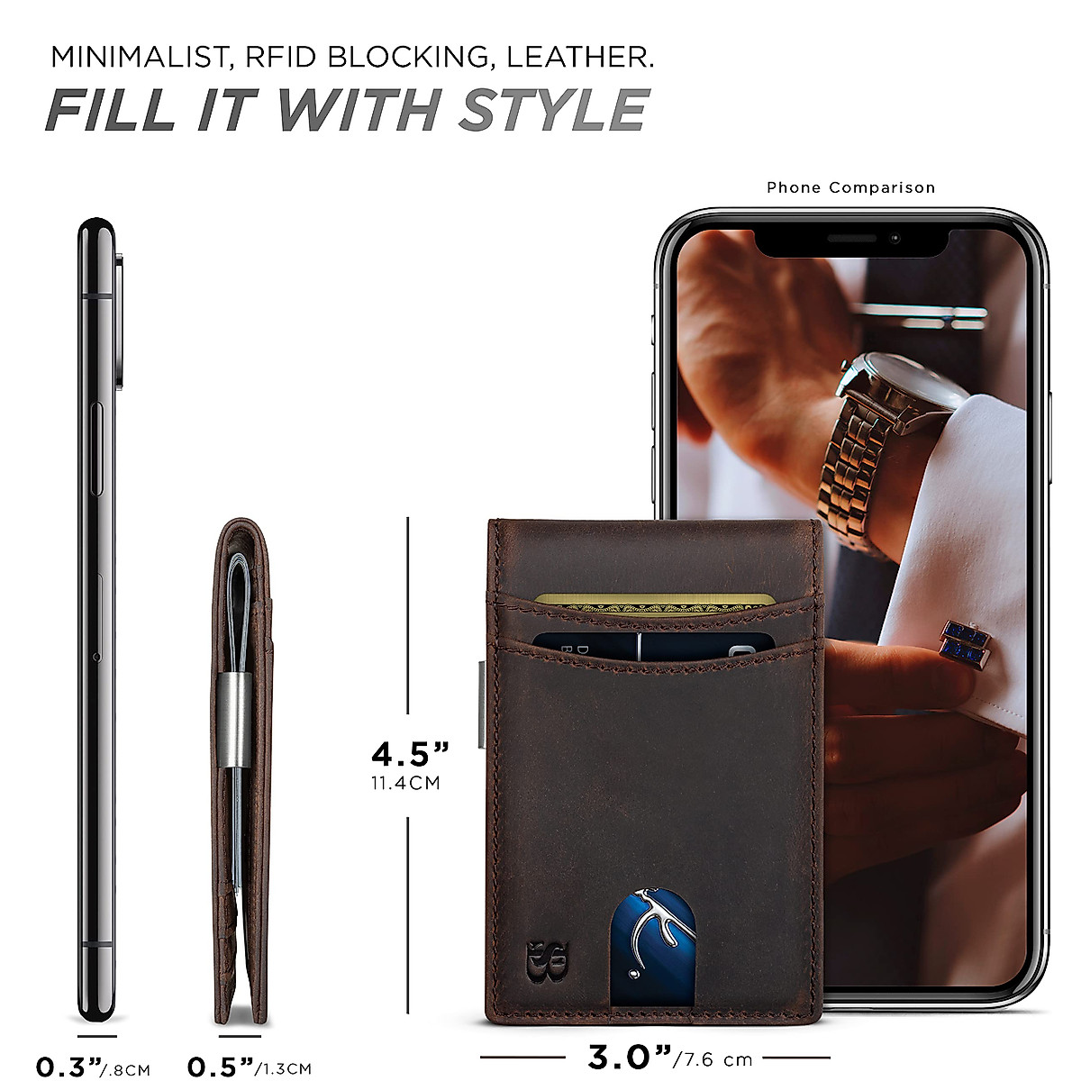 SERMAN BRANDS Mens Money Clip Wallet. RFID Blocking Slim Front Pocket Wallets for Men, Full Grain Leather RFID Minimalist Card Holder (Texas Brown Navigator)