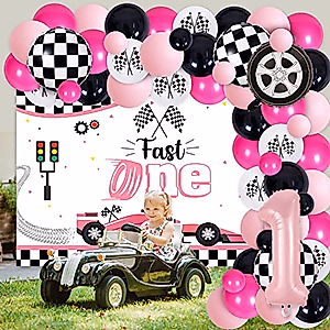 72Pcs Racing Car Theme Birthday Party Decorations for Girls, Pink Racing 1st Birthday Decoration, Fast One Backdrop Pink Black Balloon Garland Kit for children Race Car 1st Birthday Party Supplies