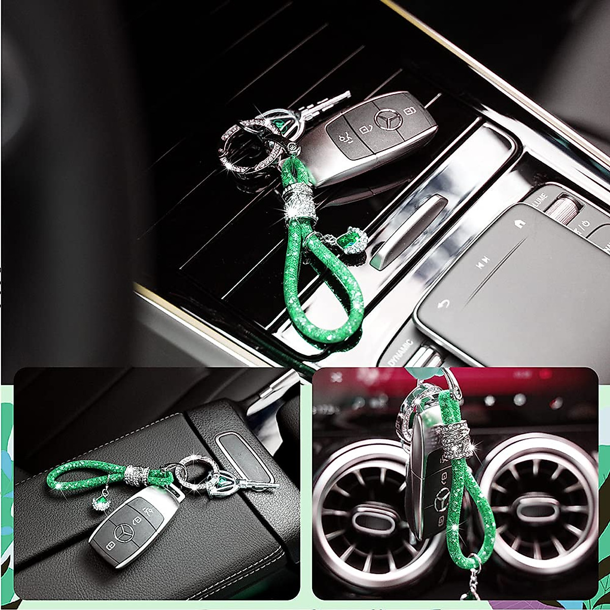 Bling Crystal Car Keychain for Women, Keychain Accessories With Bling Rhinestones, Fashionable Car Key Chain for Car Keys for Honda/MercedesBenz/Audi/BMW/Hyundai/Nissan/Mazda/Chvey/Toyota (Green)