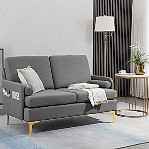 ZJhome 52'' Linen Fabric Modern Sofa Couch with Storage Pocket, Golden Y-Legs & 2 Pillows, Upholstered Comfy Small Loveseat Couch for Living Room, Bedroom, Office, Apartment, Small Space(Gray)