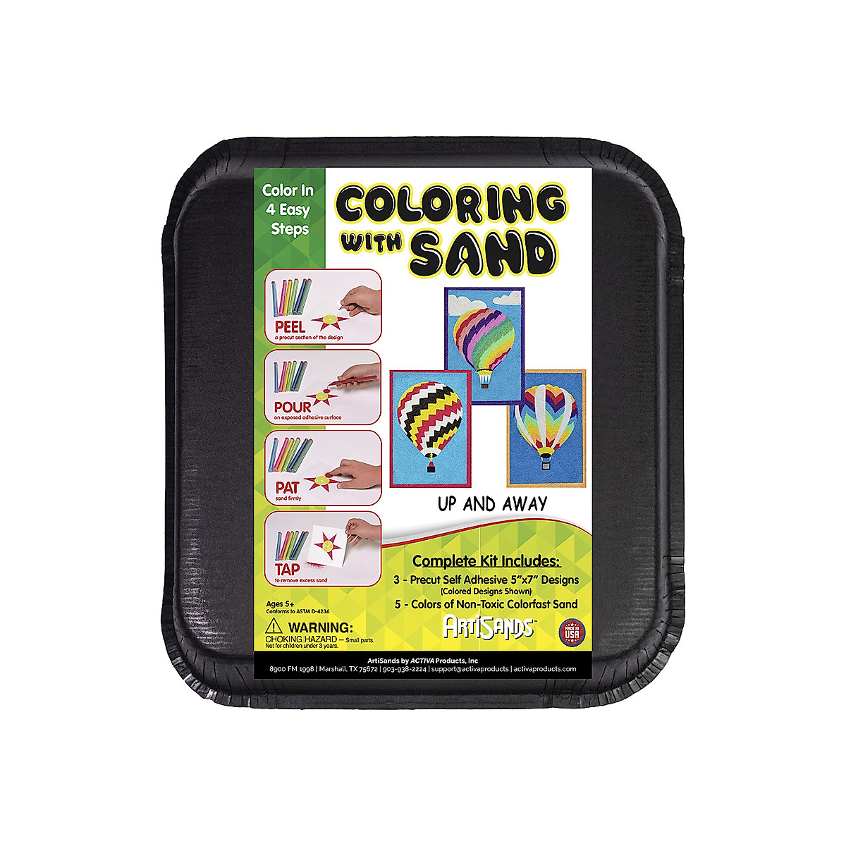Activa ArtiSands Up and Away Sand Art Board Craft Kit, 3 Designs & 5 Sand Colors | No Scissors, No Glue, No Mess!