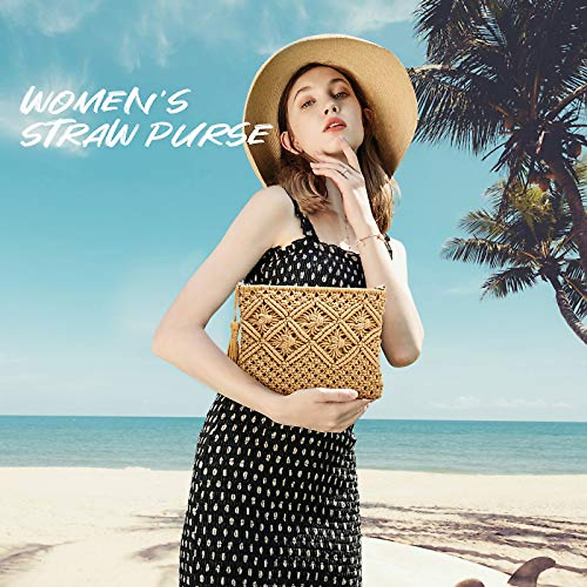 Clutch Purses for Women, JOSEKO Tassel Straw Handbag Vintage Handwoven Bag Summer Beach Bag Camel Brown