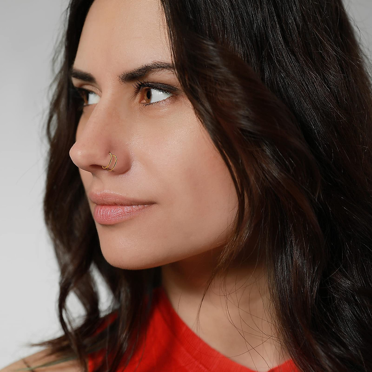 Double Nose Ring for Single Piercing, Gold Double Hoop Nose Ring 20 Gauge, Spiral Nose Rings for Women/Girl, Two in One Nose Ring Hoop, nose ring that looks like double piercing, faux double nose ring