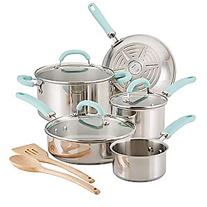 Rachael Ray Create Delicious Cookware Set, 10-Piece, Stainless Steel with Light Blue Handles & Ray Cucina Japanese Stainless Steel Knife Kitchen Cutlery Wooden Block Set, 6 Piece, Agave Blue